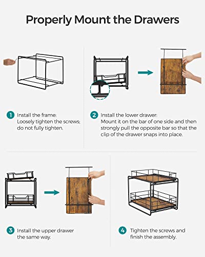 SONGMICS Spice Rack Organizer, Countertop Organizer for Bathroom Kitchen, 2 Tier Space-Saving Counter Shelf with Slide Out Basket Drawers, 14.6 x 11 x 12.6 Inches, Rustic Brown and Black
