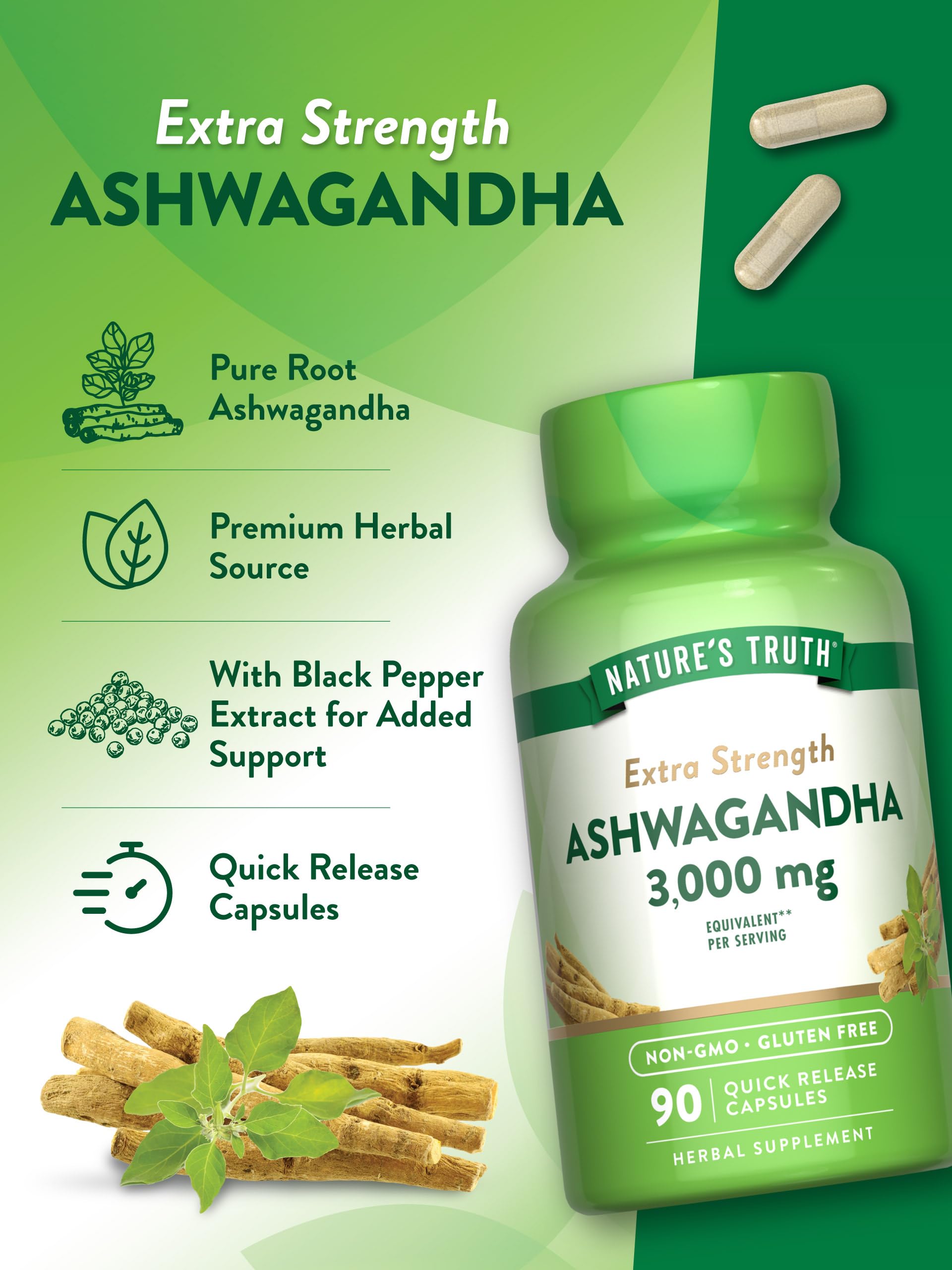 Nature's Truth Ashwagandha Capsules | 3000mg | 90 Count | Extra Strength | Ashwagandha Root Supplement with Black Pepper | Non-GMO & Gluten Free Supplement
