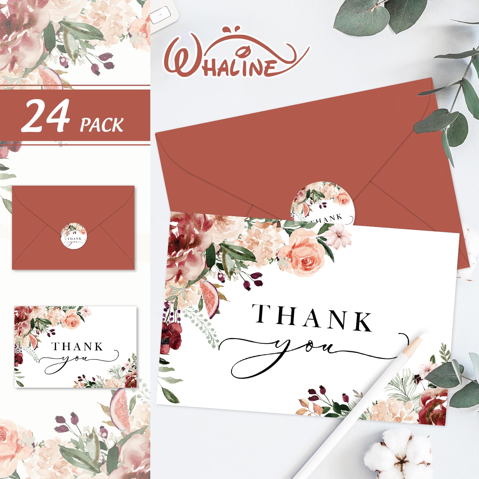 Whaline 24 Pack Floral Thank You Cards Bulk Watercolor Flower Thank You Note Cards with Envelopes Stickers for Fall Wedding Bridal Shower Birthday Invitation