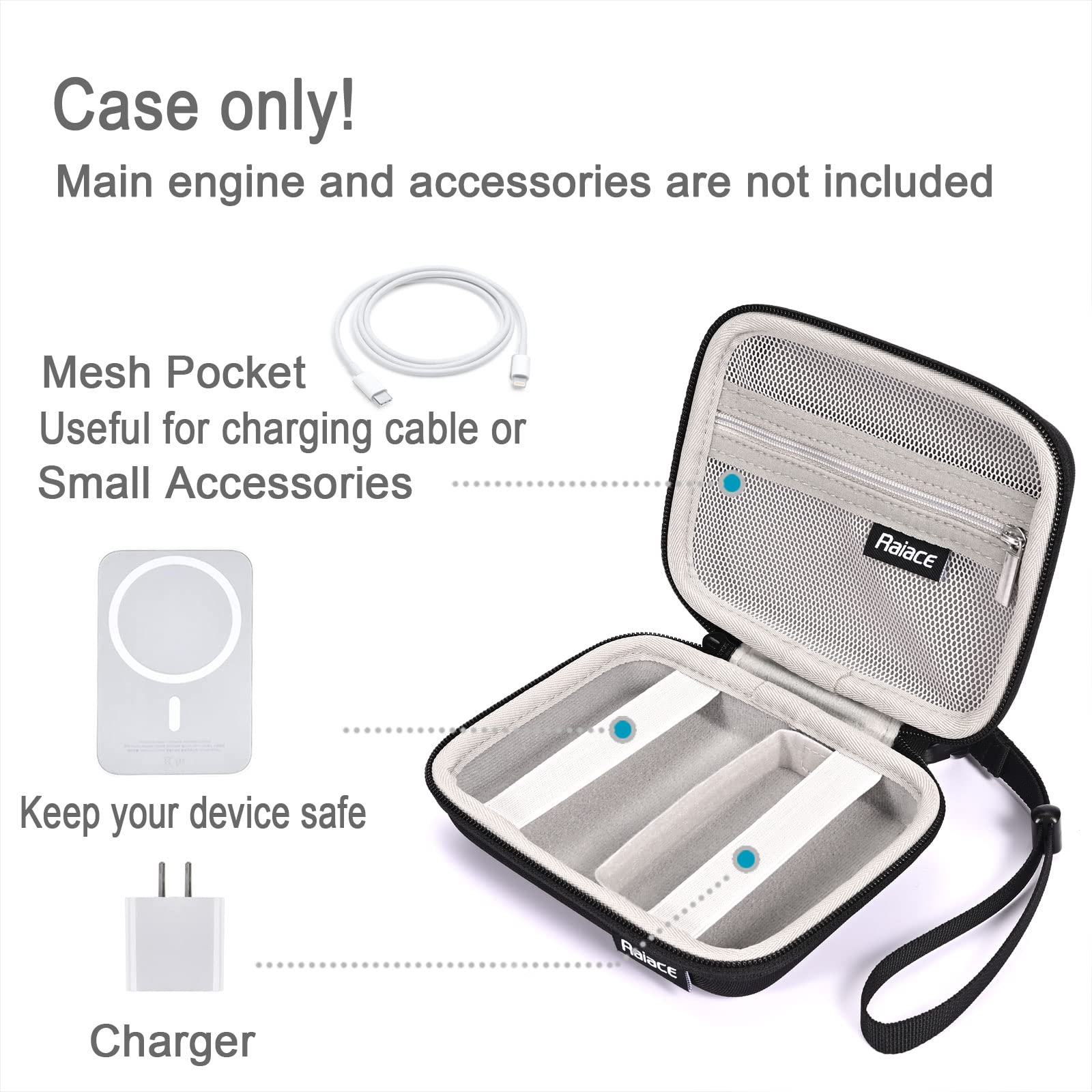 RAIACE Hard Storage Case Compatible with MagSafe Battery Pack, Hard EVA Travel Protective Case for MagSafe Battery Pack, Mesh Pocket for Accesories. (Case Only) - Black(Gray Lining)