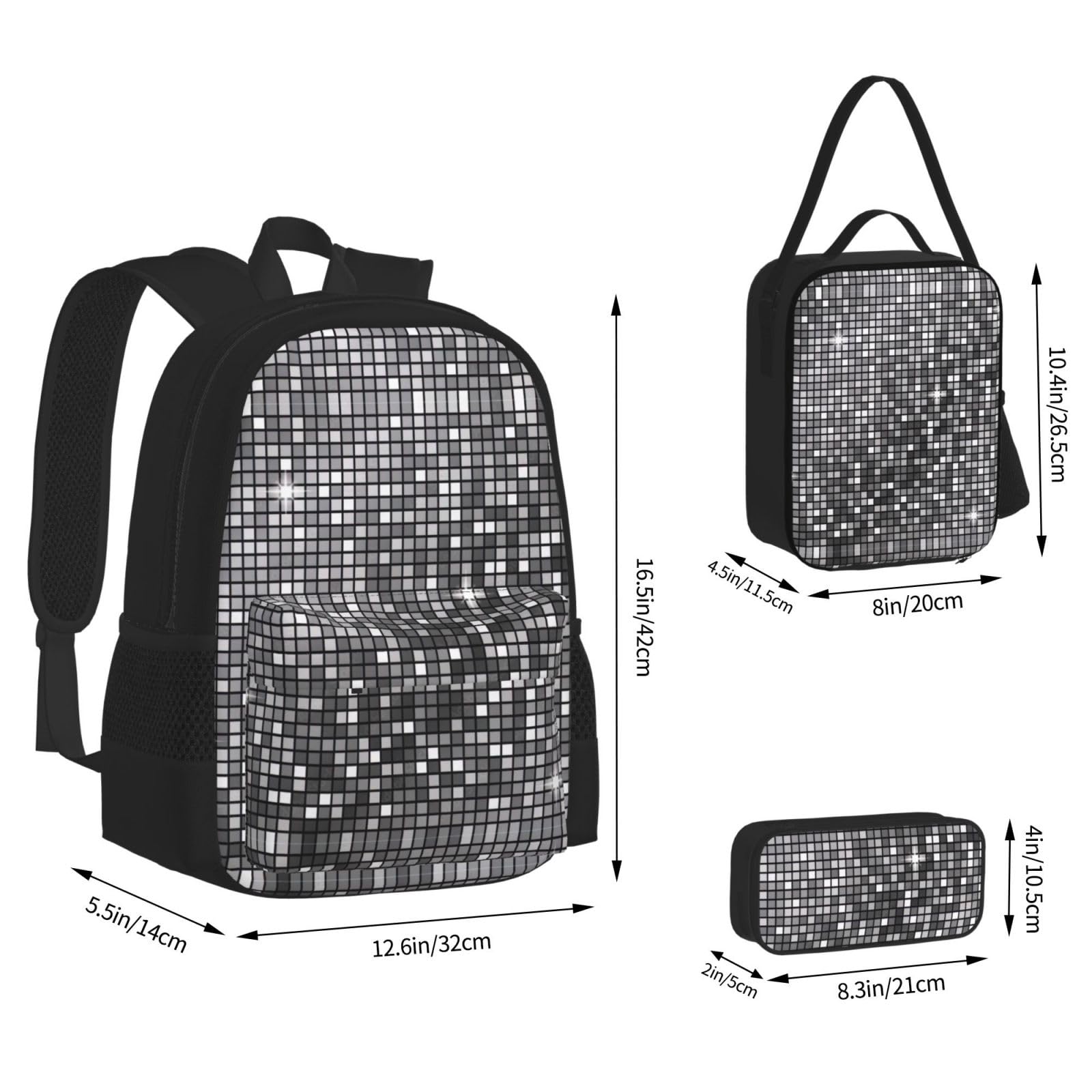 KoNsev 3pcs Backpack Sets,Silver Sequin Sparkle Pattern Printed Backpacks Set With Lunch Bag Pencil Pouch