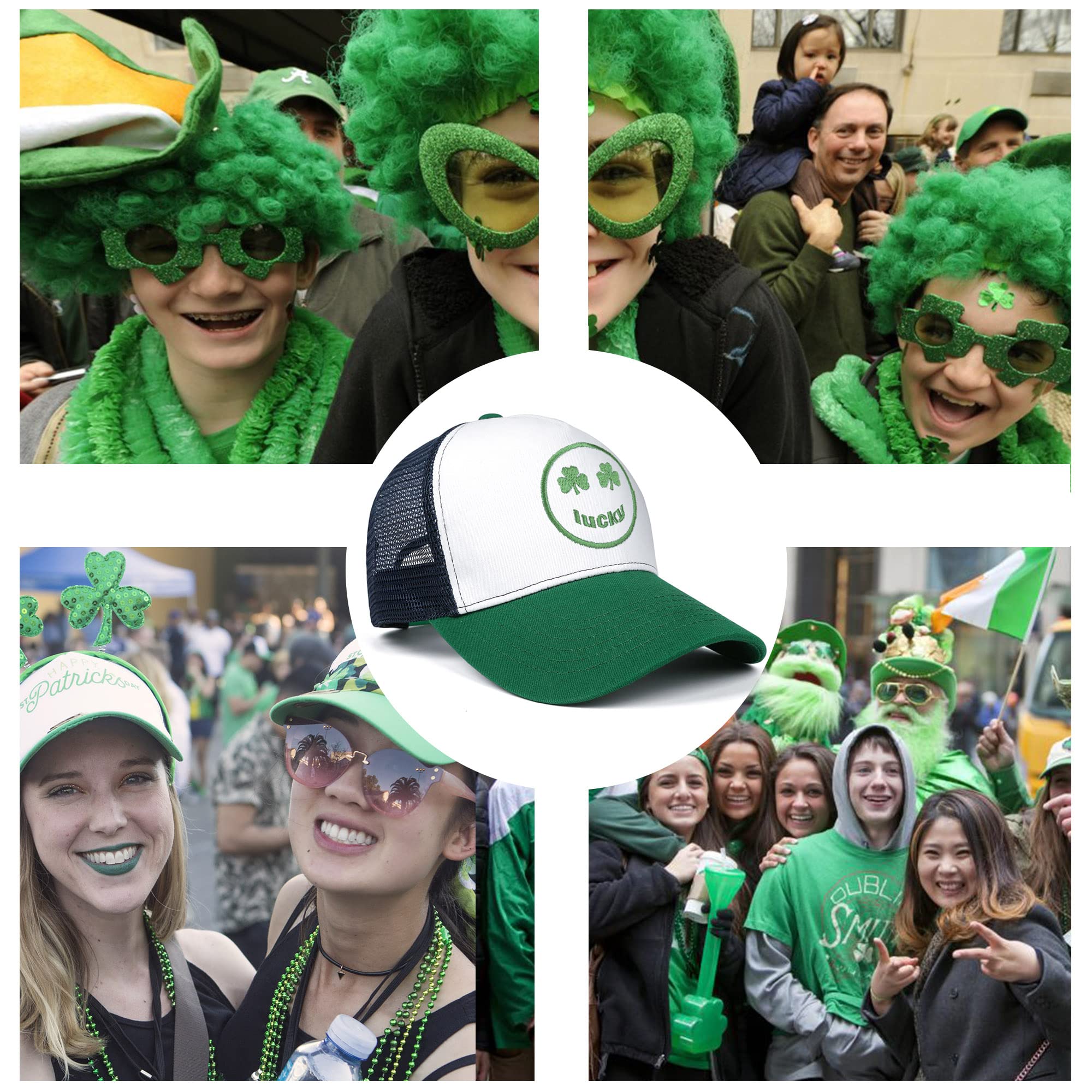 Lucky St Patricks Day Hat for Men Women White Green Shamrock Baseball Cap Adjustable Four-Leaf Clover Dad Hat