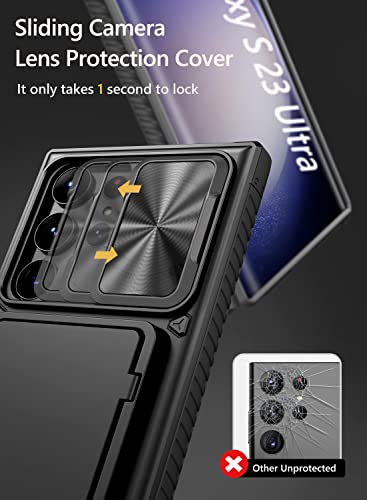 Vihibii Case with Card Holder (4 Cards) & Sliding Camera Cover & Kickstand, Shockproof Rugged Hard Back & TPU Edge Wallet Case for Samsung Galaxy S23 Ultra 5G 6.8" 2023 , Black