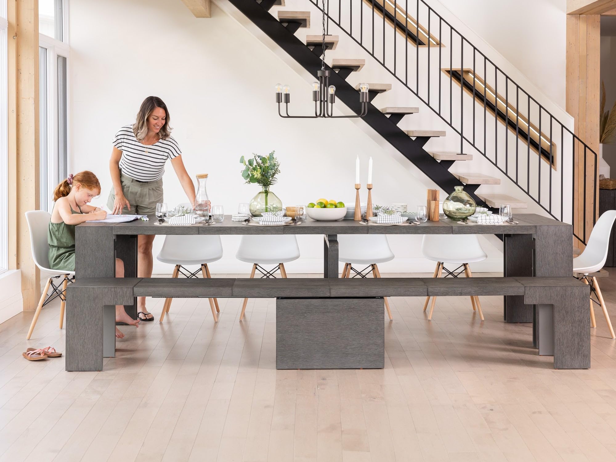 Transformer Table Dining Room Table for 2 to 12, Expandable Dining Table, Coffee Table with Storage Panels Included, Space Saving Furniture (Dark Grey, Table + Bench + Coffee Table)