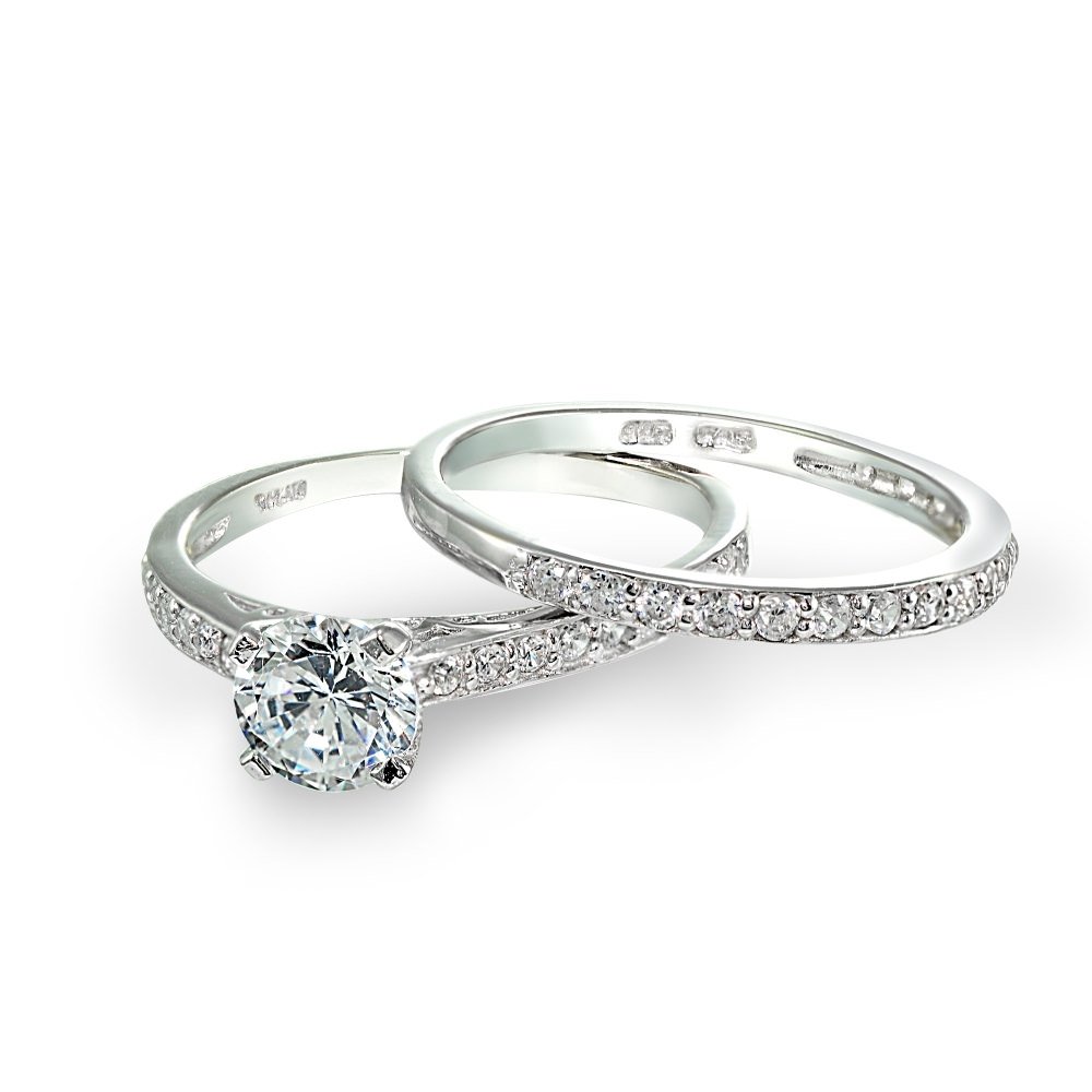 Hoops & Loops Sterling Silver Cubic Zirconia Round-cut Wedding & Engagement Bridal Ring Set, Size 7