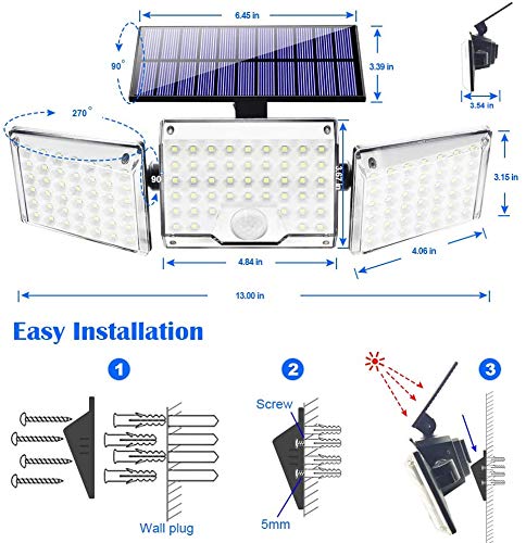 JosMega Upgraded Larger 130 LED Solar Powered Motion Sensor Flood Security Wall Lights Outdoor IP65 Waterproof 3 Head 360° Adjustable Spotlights for Porch Garden Patio Yard Garage Pathway 2 Pack