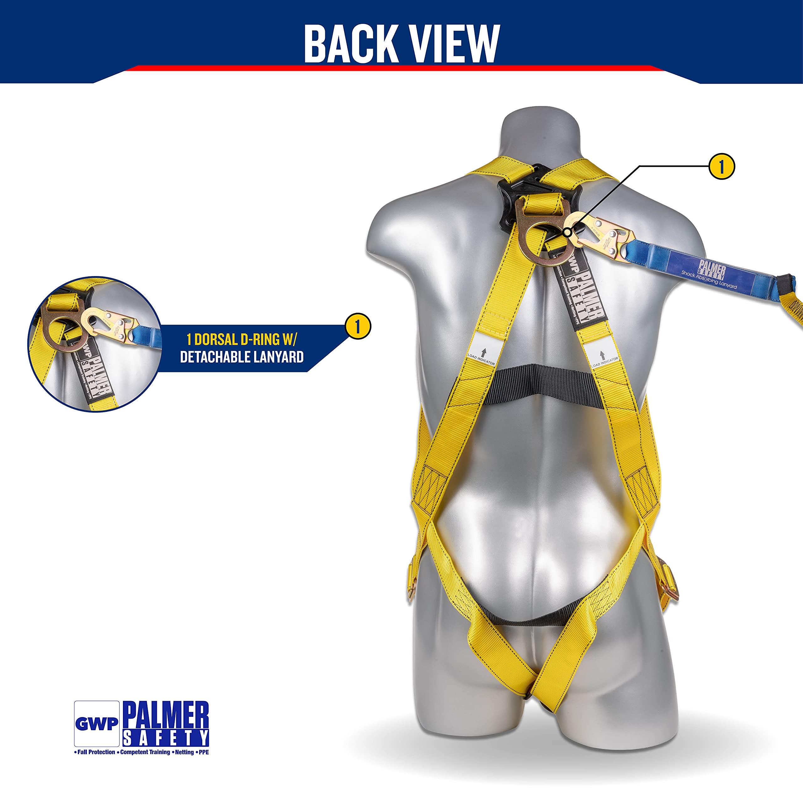 Palmer Safety Fall Protection Safety Harness w/Detachable 6' Single Leg Lanyard I EXTERNAL Shock Absorber Lanyard I OSHA/ANSI Fall Arrest Kit I Ideal for Industrial & Construction Use (Yellow - 1pk)