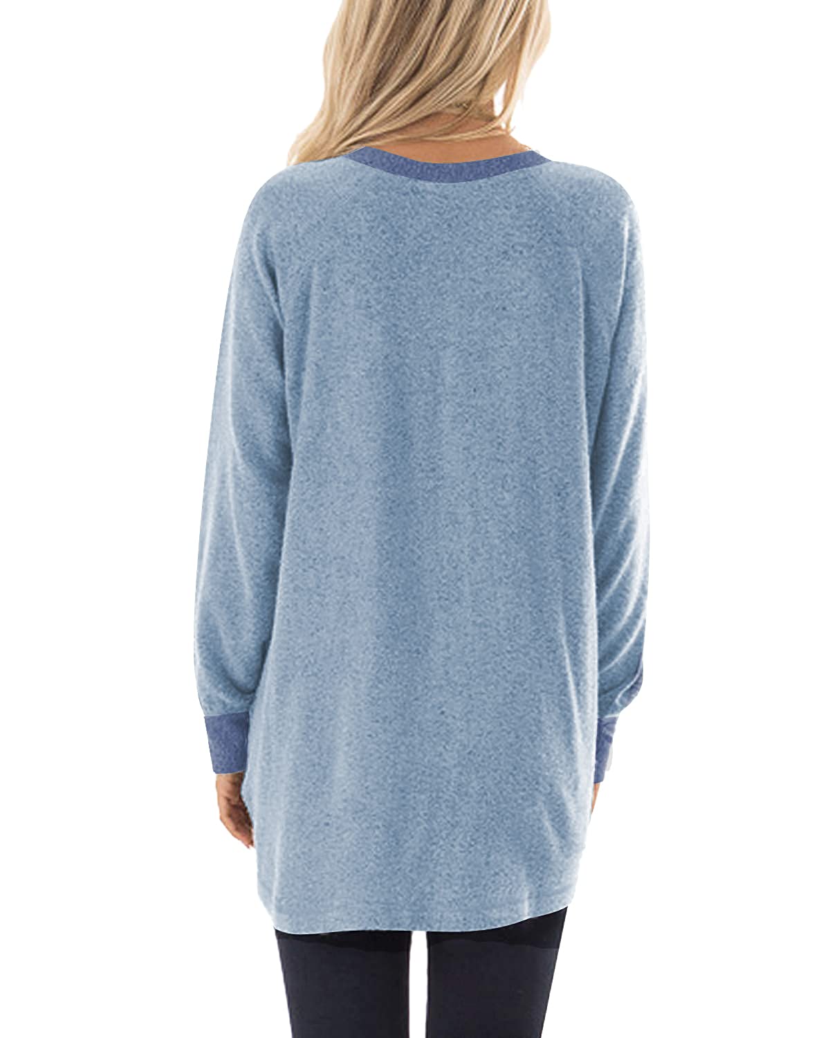 LERUCCI Womens Sweatshirt Round Neck Color Block Long Sleeve Grey Blue Sweater Pocket Shirt L