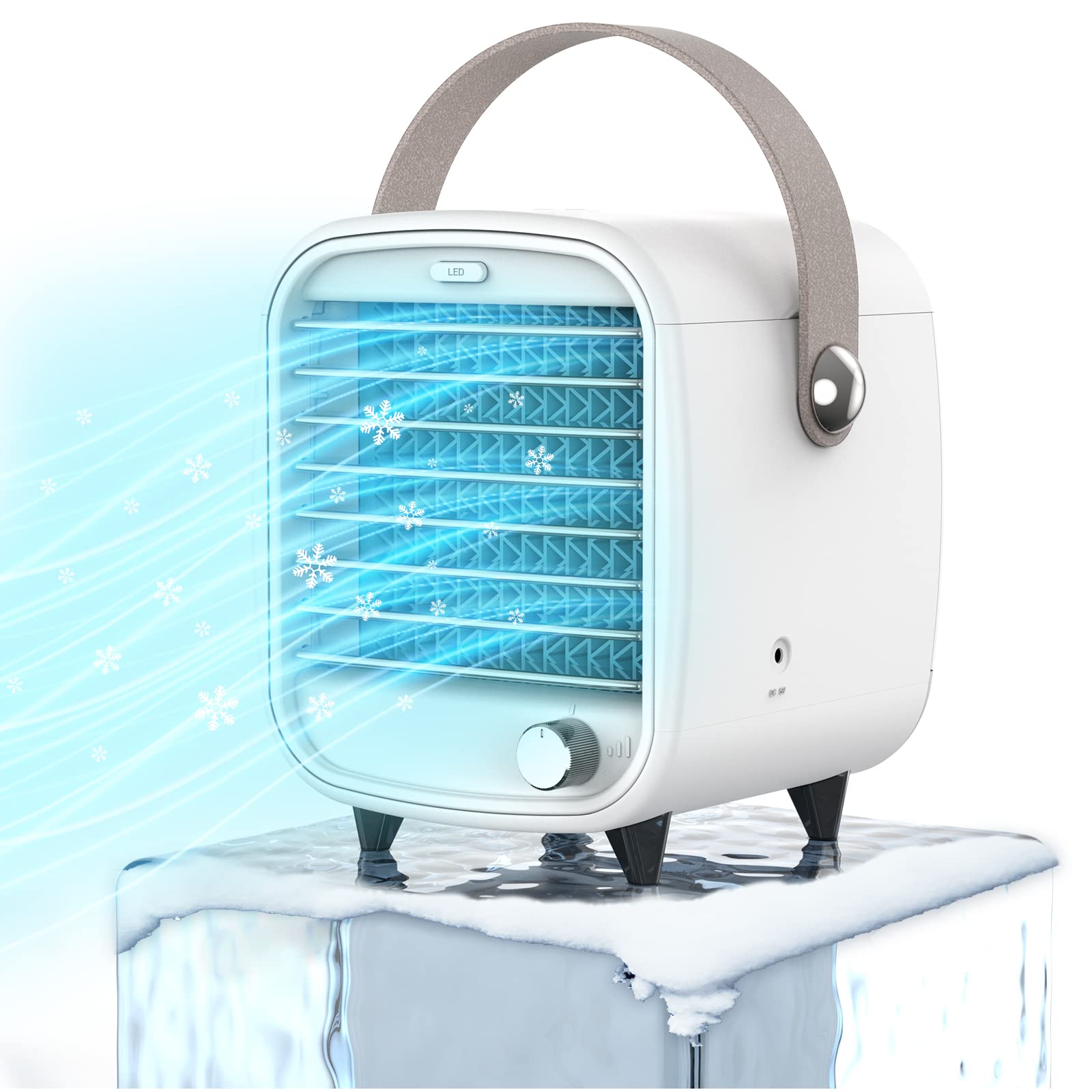 Portable AC, Mini Portable Air Conditioner for Bedroom Room Desk Office Car Camping, Small Personal Cooler Evaporative Air Cooler USB Power LED Light Low Noise