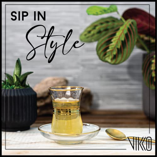 Vikko Turkish Tea Glasses & Saucers, 4 Oz Authentic Turkish Tea Cups,Set of 6 Clear Glass Tea Cups And Saucers, Gold Accented Turkish Tea Cup Set, 6 Cups and 6 Plates