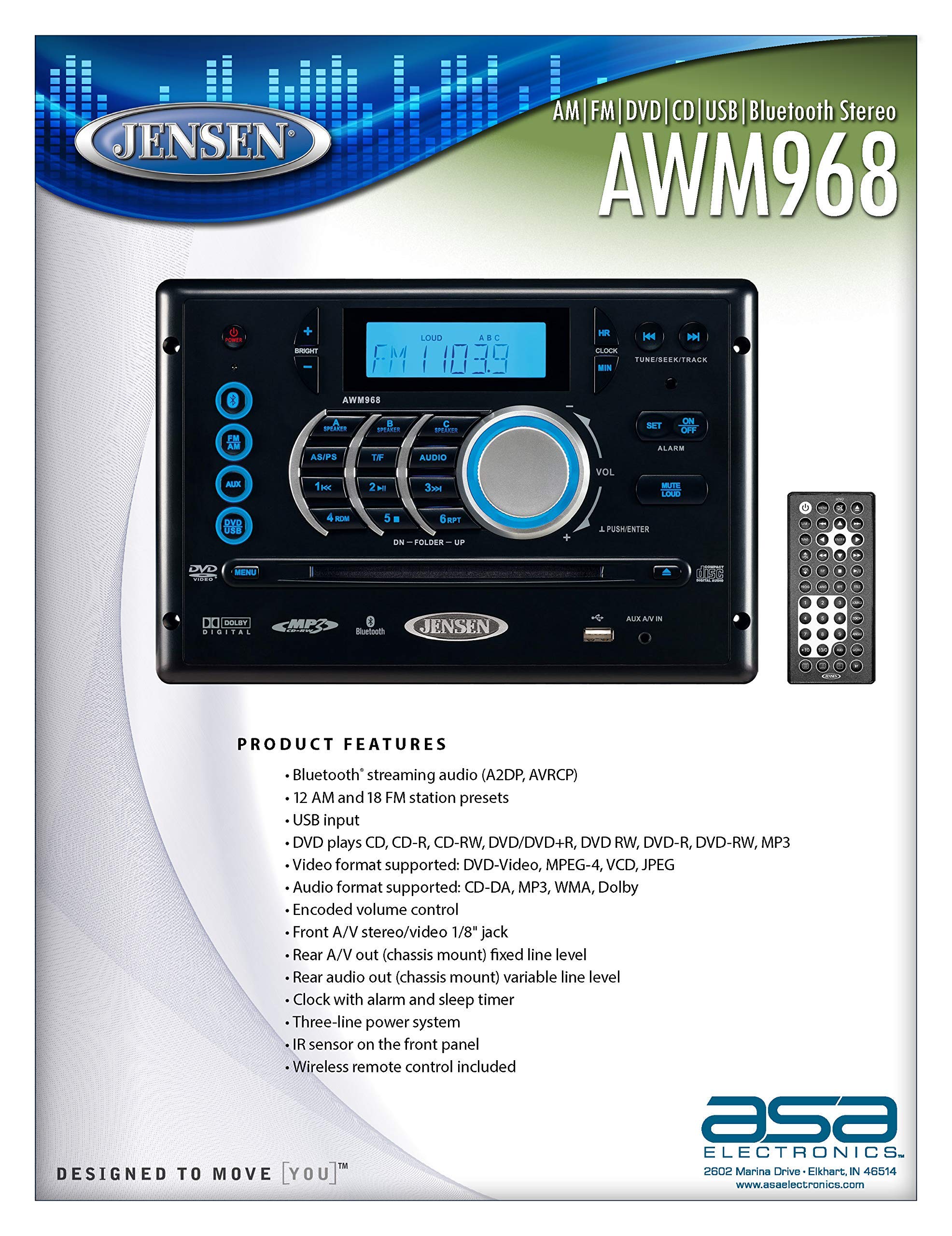Jensen AWM968 5-Inch Touchscreen Car Stereo, CD/DVD Player, Bluetooth, USB, MP3/WMA Compatible