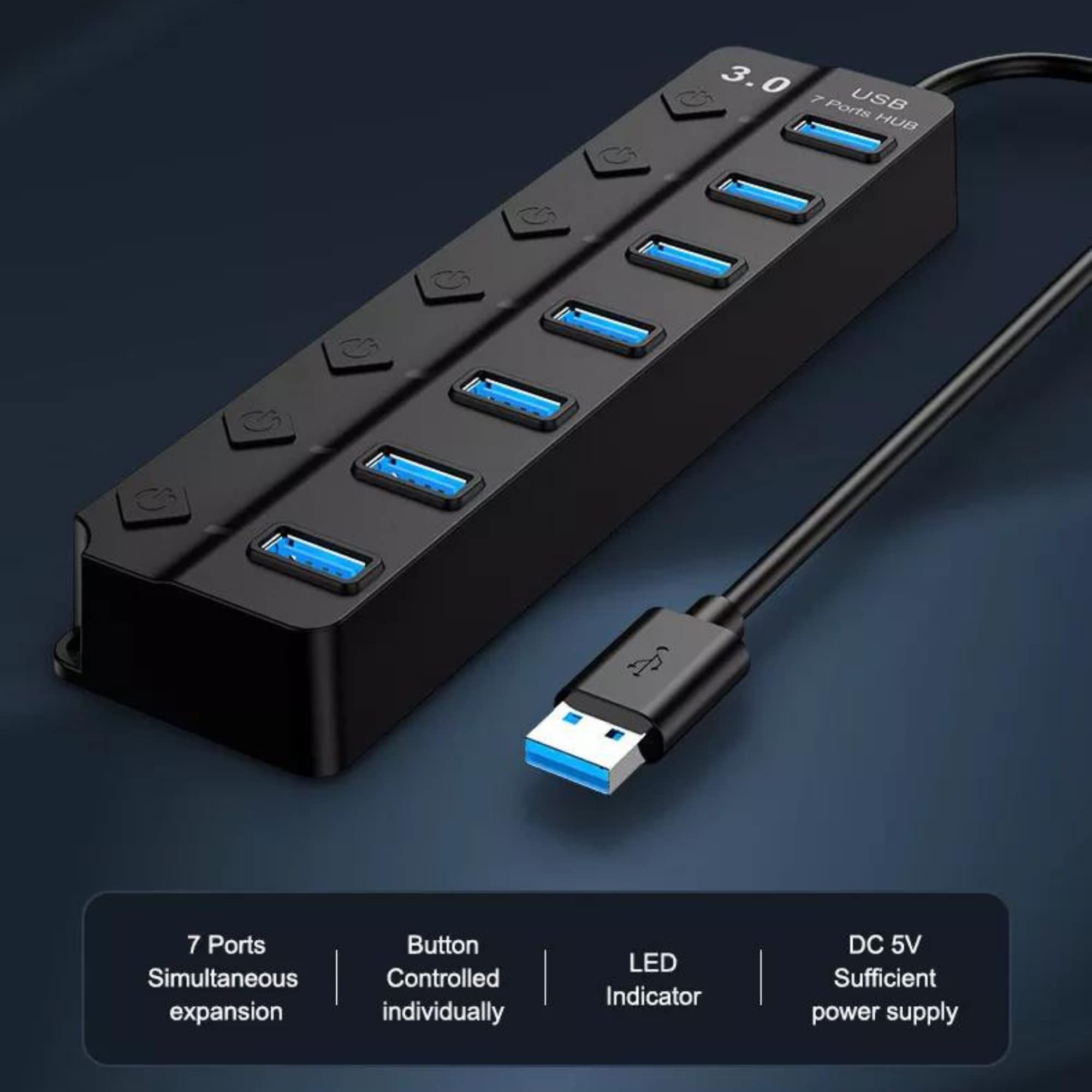 USB 3.0 Hub 7 Port Splitter with Individual On/Off LED Switches, High-Speed Data USB Extender Charging Station Extension for Laptop, USB Flash Drives, Mobile HDD, Printer, Camera and More