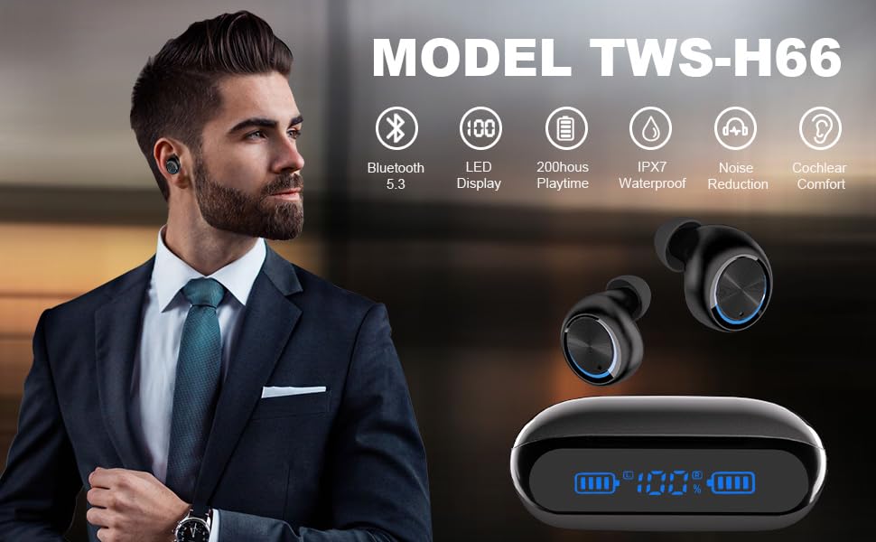 YINPUTENGS Wireless Earbuds Bluetooth 5.3 Headphones Key Control. Headphones 200 Hours Playtime,IPX7Waterproof Stereo in-Ear Built-in Mic,Premium Deep Bass LCD Display,for Sports/Working