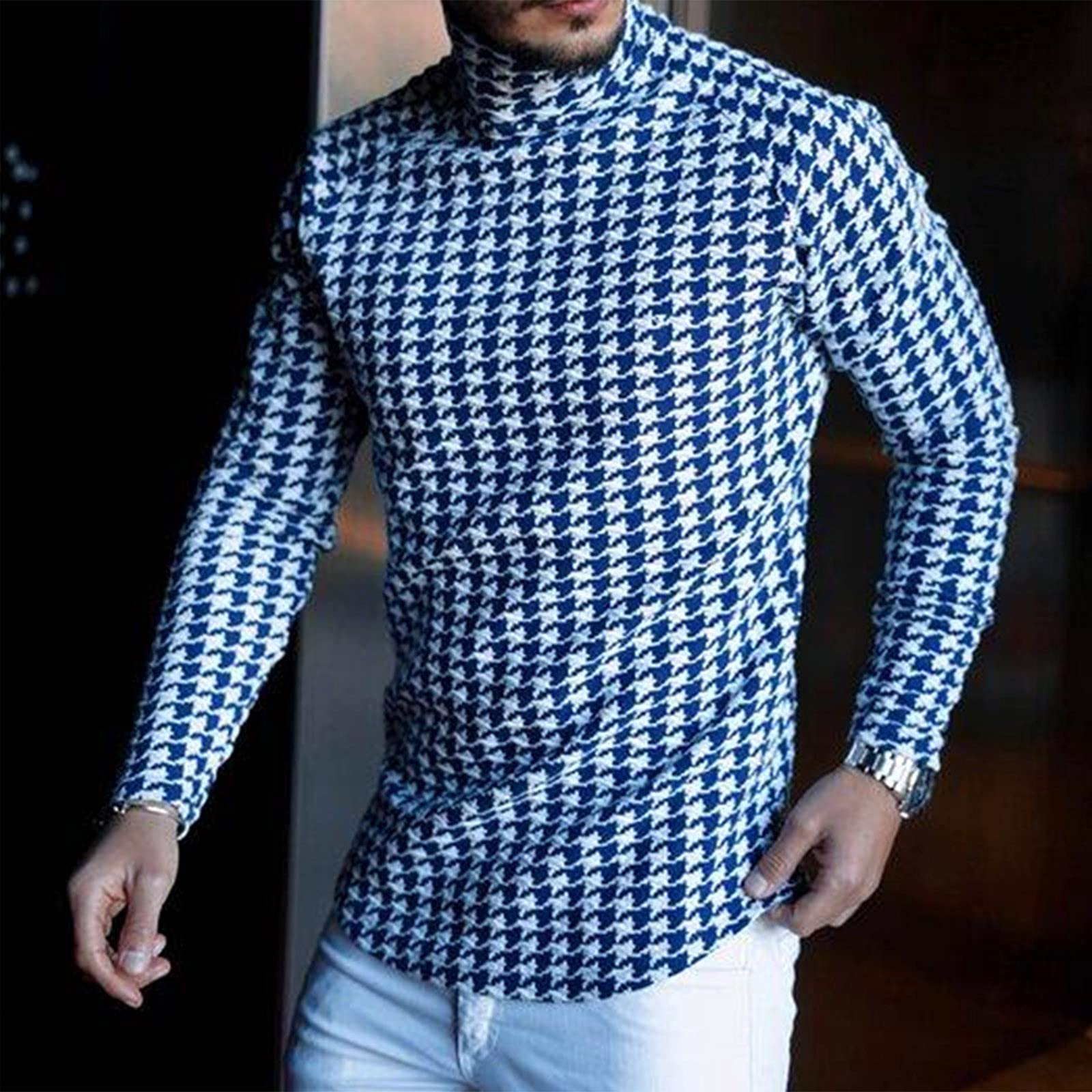 Mens Slim Fit Turtleneck T Shirt Check Houndstooth Lightweight Winter Long Sleeve Warm Underwear Tunic Top(Blue,X-Large)