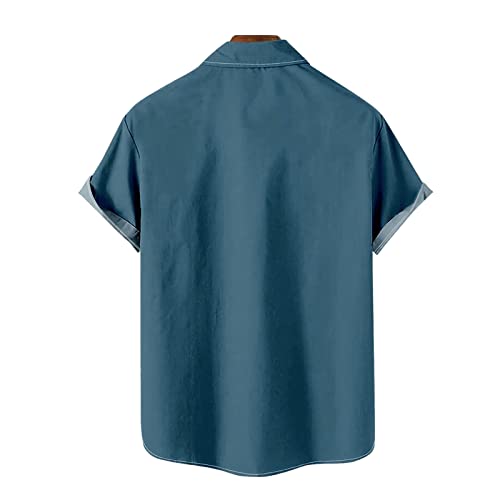 Mens Slim-Fit Blouses V-Neck Casual Printing Vacation Beach Shirts Short-Sleeved Button Down Open Front Tops Blue