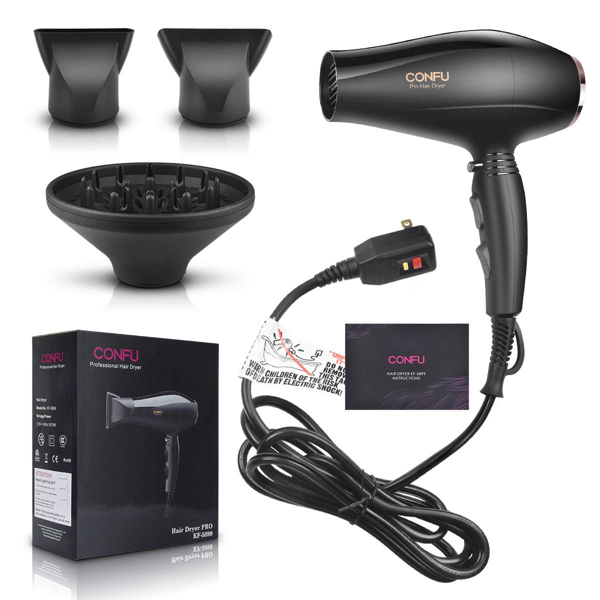 Ionic Hair Dryer with Diffuser, CONFU Professional Salon Blow Dryer with Ac Motor, 2 Concentrator Nozzle Attachments and ALCI Safety Plug, for Women and Men and Home Salon