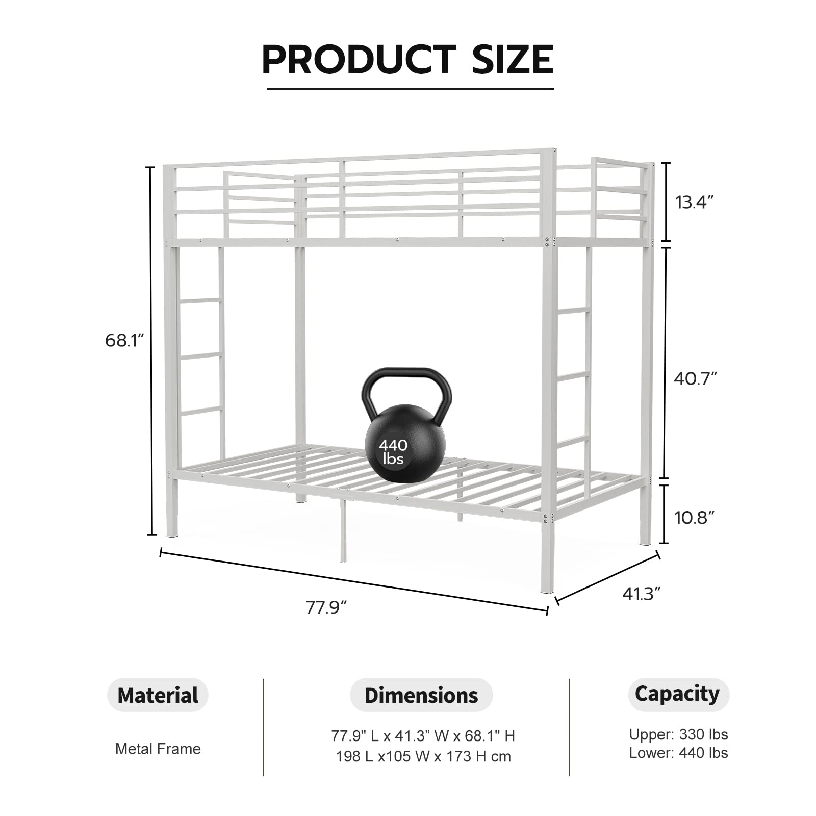 IKIFLY Metal Twin Over Twin Bunk Bed, Heavy Duty Twin Bunk Bed Frame with 2 Built-in Ladders, Safety Guard Rail, Space-Saving Design, for Kids, Teens, Adults - No Box Spring Needed - White