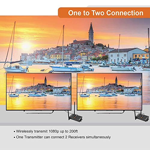 J-Tech Digital 1X2 Wireless HDMI Extender 200β Dual Antenna Supporting Full HD 1080p with HDMI Loop Output Operation Channel Change IR Passthrough (Receiver + Transmitter 1080P 200ft)