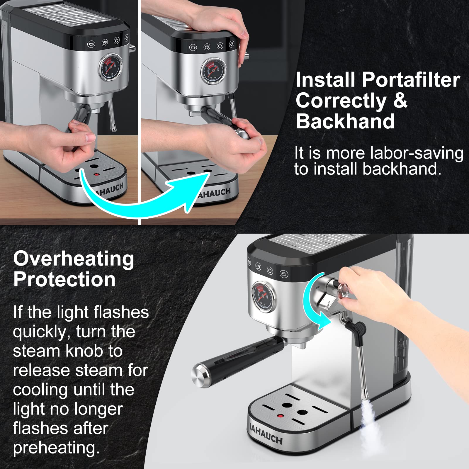 IAHAUCH Espresso Machine 20 Bar, Professional Espresso Maker with Milk Frother Steam Wand, Compact Coffee Machine with 37oz Removable Water Tank