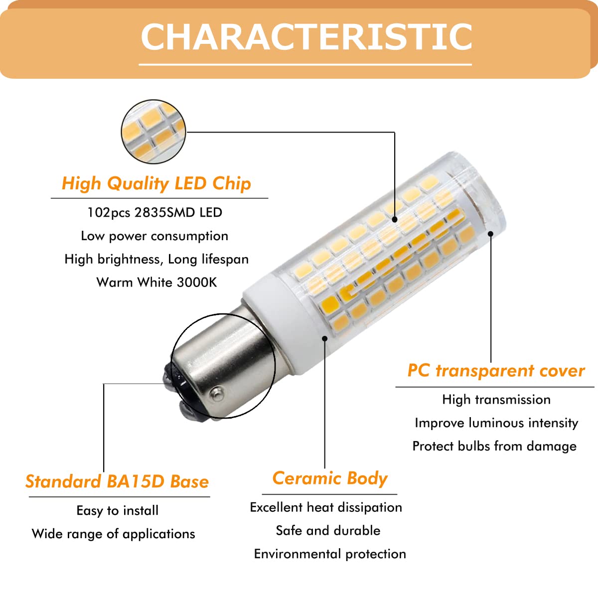 HxLED ba15d Bulb, Dimmable All-New 102×2835SMD led ba15d Double Contact Bayonet Base Bulb, 120V 7W Warm White 75W Halogen Replacement (2 Pack)