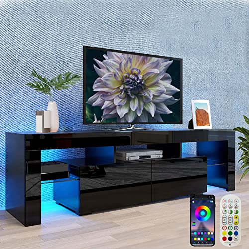 Vinctik 6&Fox Black TV Stand for 55/60/65inch TV,Modern Entertainment Center with 2 Storage Drawers and LED Light, High Glossy TV Console Table Media Furniture(63inch Black)