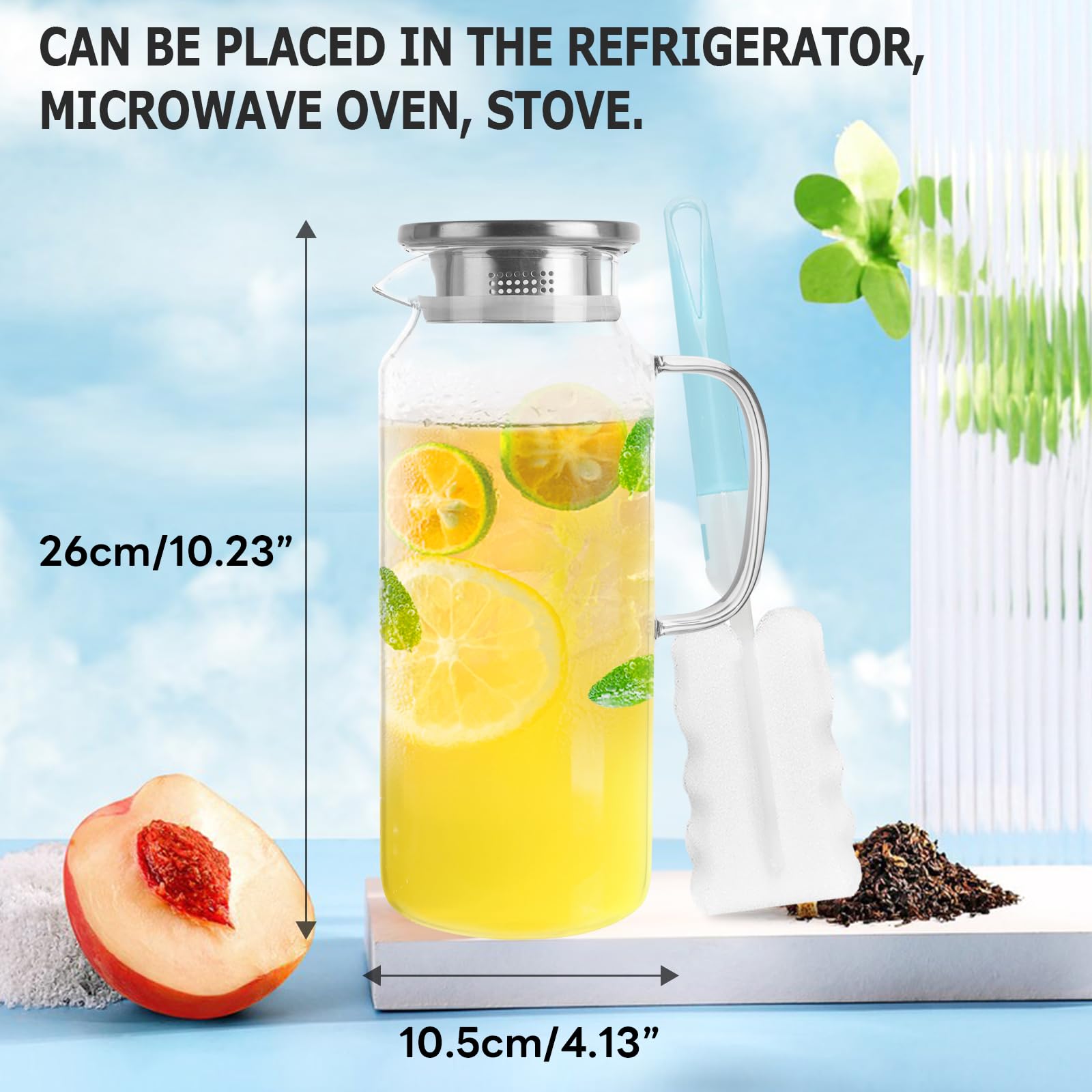 Yirilan Glass Pitcher, 2 Liter Water Pitcher with Lid and Spout, Large Pitchers for Drinks, Glass Water Carafe, Glass Jug, Beverage Pitcher