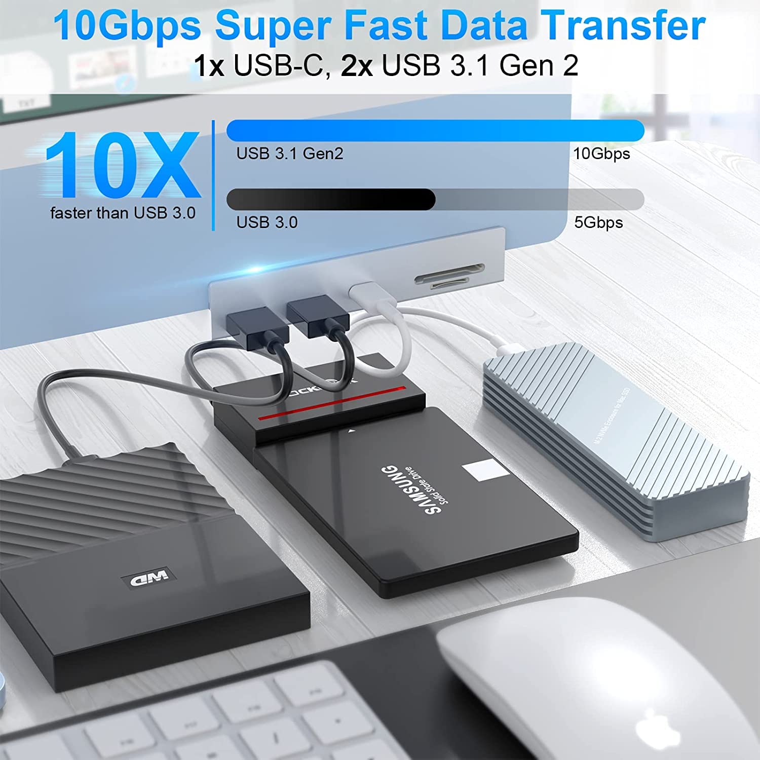 USB C 3.2 10Gbps iMac USB C Hub, 5 in 1 Aluminum iMac USB Hub Adapter with 2 USB A Port(10Gbps), Type-C Port(10Gbps), Micro/SD Card Readers, Compatible with 2020/2019/2017 iMac