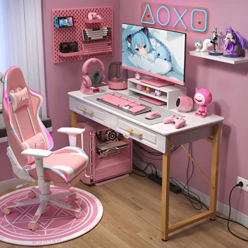 WESTREE Modern Makeup Vanity Desk with Glossy Desktop,Bedroom Home Office Writing Desk with Drawers, Storage Shelf, Gold Metal Frame for Dressing Table Without Mirror