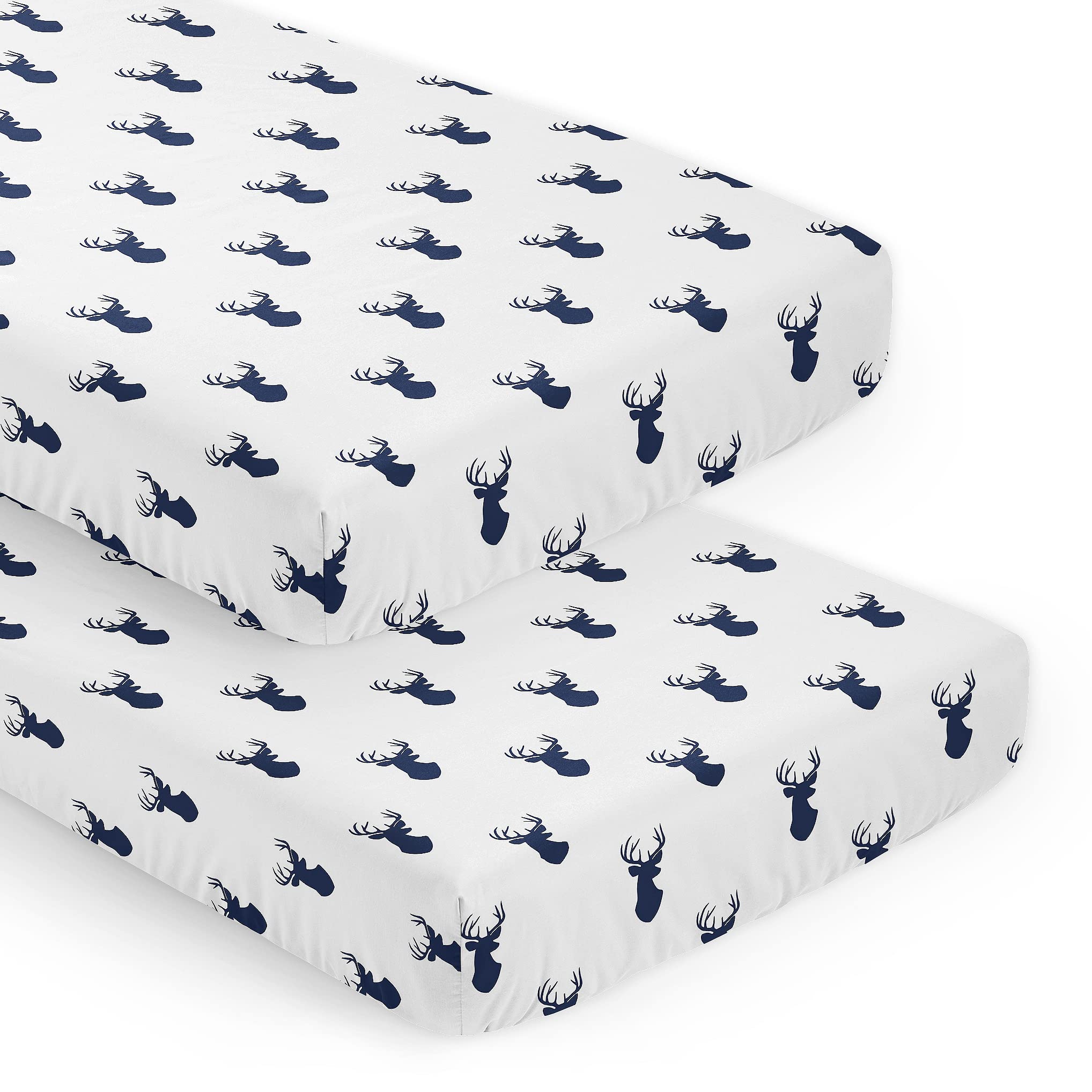 Sweet Jojo Designs Navy Blue White Woodland Deer Boy Baby Fitted Crib Sheet Set Nursery Soft Infant Newborn Fits Standard Mattress or Toddler Bed - 2pc - Forest Animal Stag Antler
