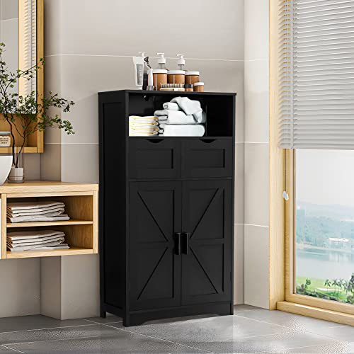 WEENFON Bathroom Cabinet, Floor Cabinet with 2 Doors & 2 Drawers, Bathroom Storage Cabinet with Adjustable Shelf, Freestanding Wooden Storage Organizer for Bedroom, Living Room, Hallway, Black