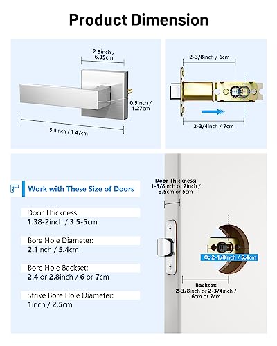 Zowill Door Handle Heavy Duty, Modern Square Door Lever, Passage Door Knobs, Reversible Interior Handles for Left Right Handled Doors for Bedroom, Bathroom and Living Room, Satin Nickel(1 Pack)