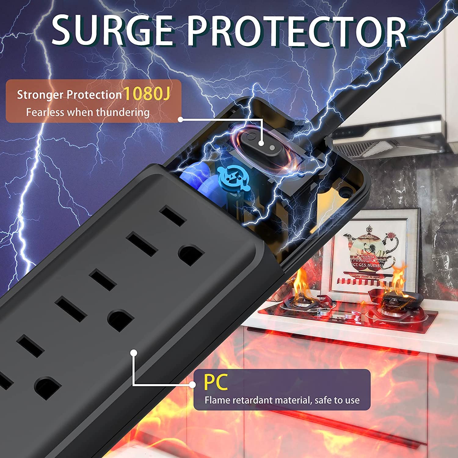 Power Strip 2-Pack, HITRENDS Surge Protector with 6 AC Outlets & 3 USB Charging Ports, 5 Feet Heavy Duty Extension Cord, 1875W/15A Multiplug for Home Office & Multiple USB Devices - Black