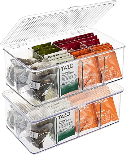 Sorbus 2 Pack Tea Bag Organizer Bins w/Lids & 4 Removable Dividers, Clear Plastic Food Packet Snack Organizer, Stackable Pantry Organization, Kitchen Storage, Fridge Bins, Sturdy Cabinet Organizers