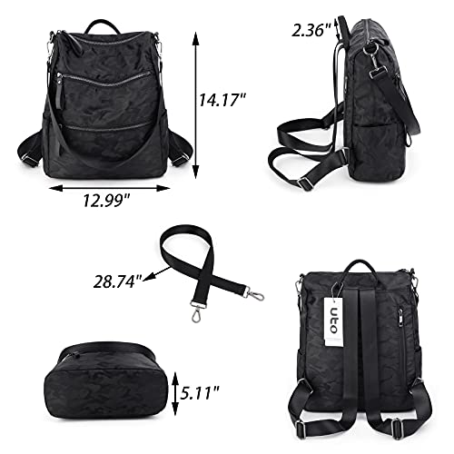 UTO Camo Waterproof Backpack for Women Durable Nylon Multipurpose Roomy Multi pockets Travel Business Shoulder Bag New Camo Black