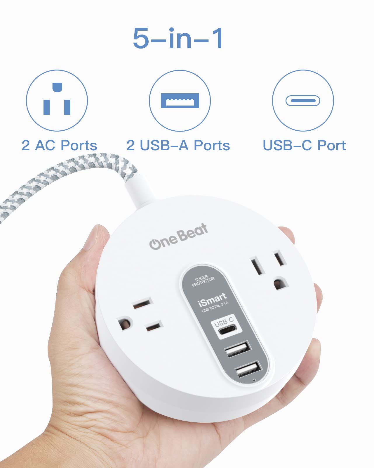 Power Strip Surge Protector with USB C - Extension Cord Flat Plug with 2 Widely AC Outlet and 3 USB, Small Desktop Charging Station with 5 ft Power Cord, Compact for Travel, Home and Office (490J)