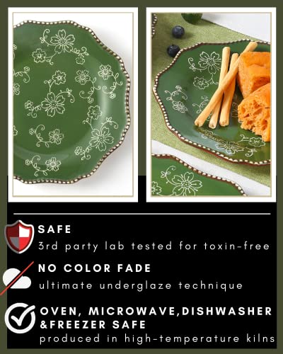 KUNABOO Artisanal Small Ceramic Plates, Salad Plates, Dessert Plates Ceramic Plates Set of 6-7.8” - Sakura Floral Series Pine Green - Ready to Wrap Gift