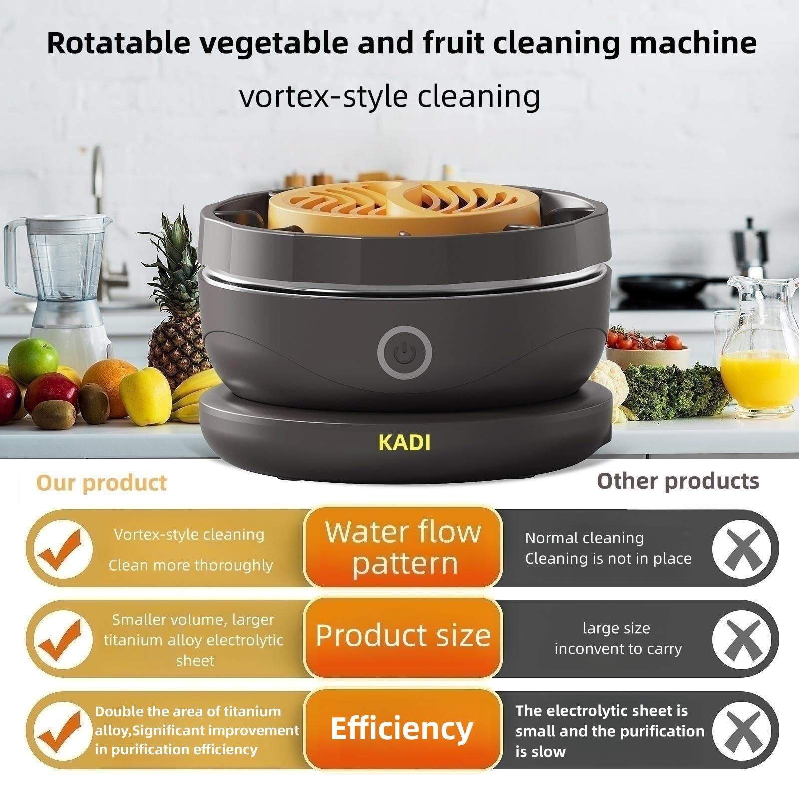 KADI Fruit and Vegetable Washing Machine, Fruit Cleaner Spinner Device in Water, Waterproof Fruit and Vegetable Purifier Clean Washer with OH-ion Clean Technology for Kitchen, Seafood, Rice, Meat…