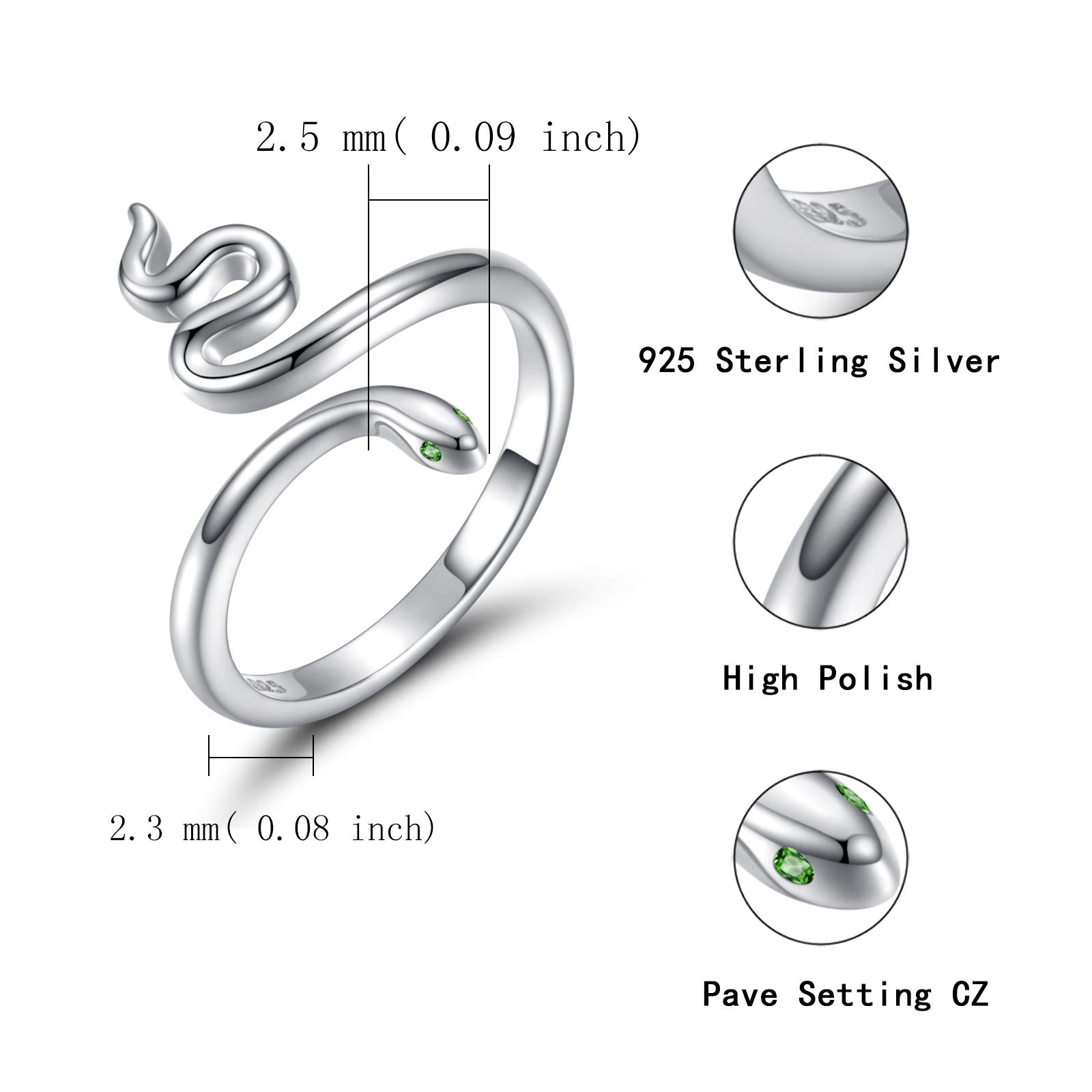 Mic Tai 925 Sterling Silver Snake Ring for Women Adjustable Thumb Jewelry Green Rings Gifts (Silver)