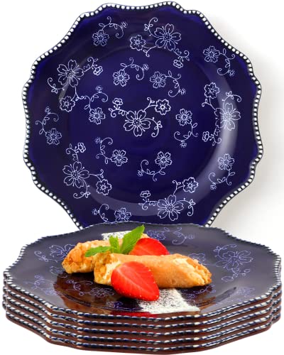 KUNABOO Artisanal Small Ceramic Plates, Salad Plates, Dessert Plates Ceramic Plates Set of 6-7.8” - Sakura Floral Series Midnight Blue - Ready to Wrap Gift