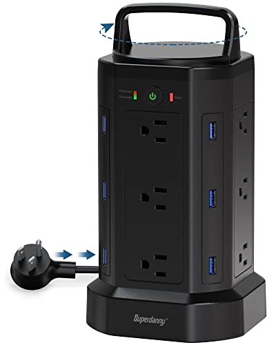 Power Strip Surge Protector Tower 2100J, SUPERDANNY Extension Cord with Multiple Outlets, 12 AC 6 USB Charging Station, Handle Cord Retracting, 6.5ft Overload Protection for Garage, Workbench, Black