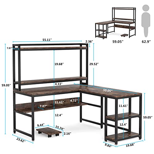TRIBESIGNS WAY TO ORIGIN L-Shaped Desk with Storage Shelves, 59β Corner Computer Desk with Hutch, Industrial L Shaped Office Desk Gaming Table Workstation for Home Office (Rustic Brown)