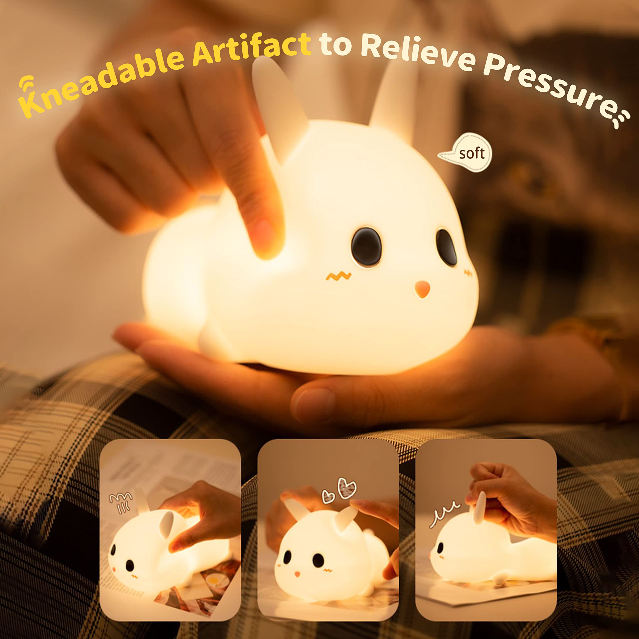 Qrbsi Cute Night Light for Kids, Bunny Night Light with Warm Light & Dimmable, Tap Control Kids Night Light with Timer, Rechargeable Toddler Night Lights, Kawaii Bunny Lamp for Room Decor