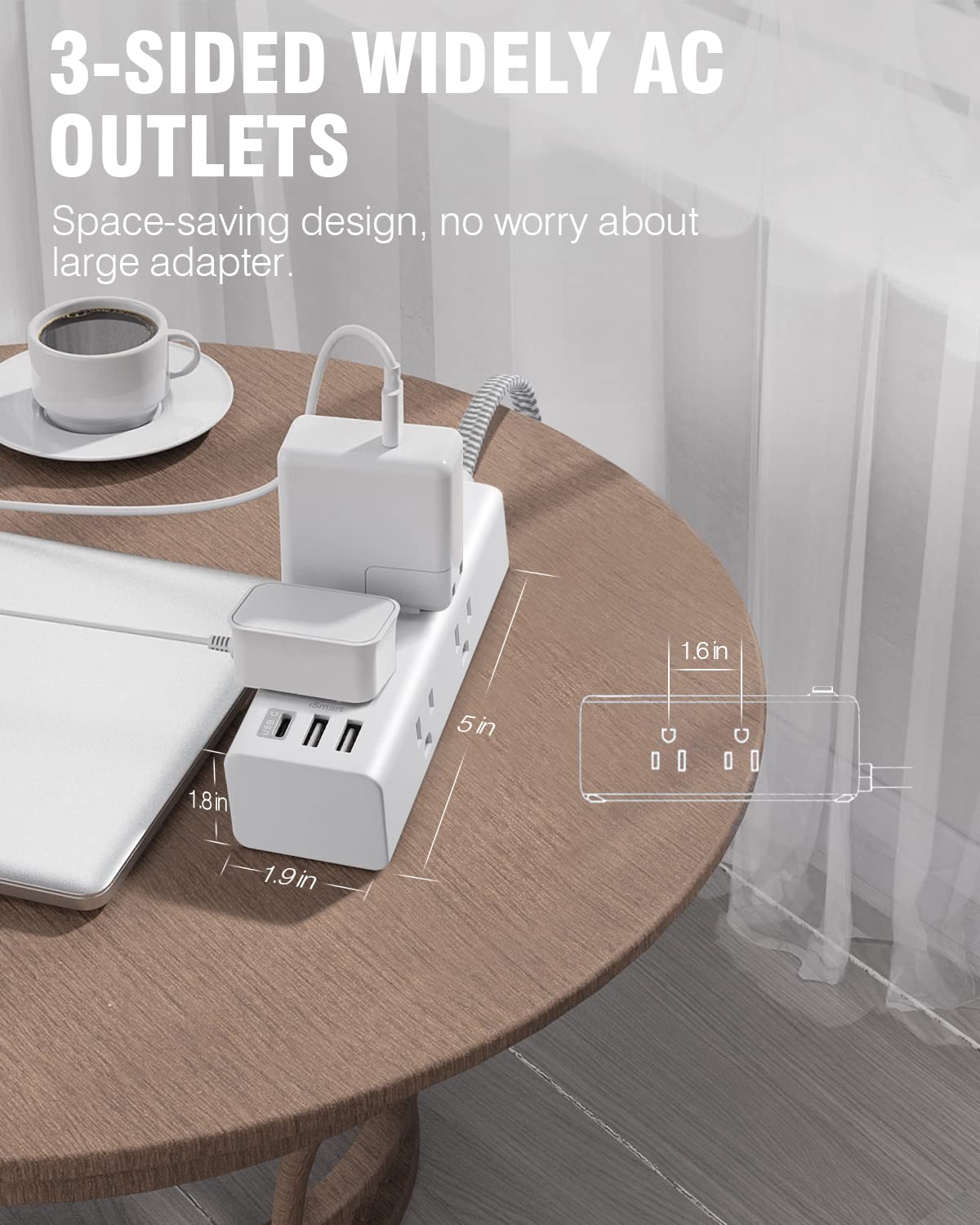 Power Strip Surge Protector - Widely Outlets with 3 USB Ports (1 USB C), Outlet Extender Strip with 5 Ft Extension Cord, Flat Plug, Wall Mount, Small Power Strip for Travel Office Dorm Home