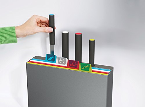 Joseph Joseph Index Plastic Cutting Board Set with 4 Matching Knives and Storage Case Color-Coded Dishwasher-Safe Non-Slip, Small, , Silver with Knives
