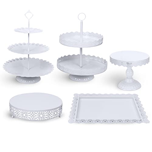 Tiered Cake Stand 5 Pc. Set with 3-Tier, 2-Tier, and Round Displays, Pedestal Dessert Stands, and Square Serving Tray Platter for Cupcakes, Pies, Cookies, Pastries, and Snacks