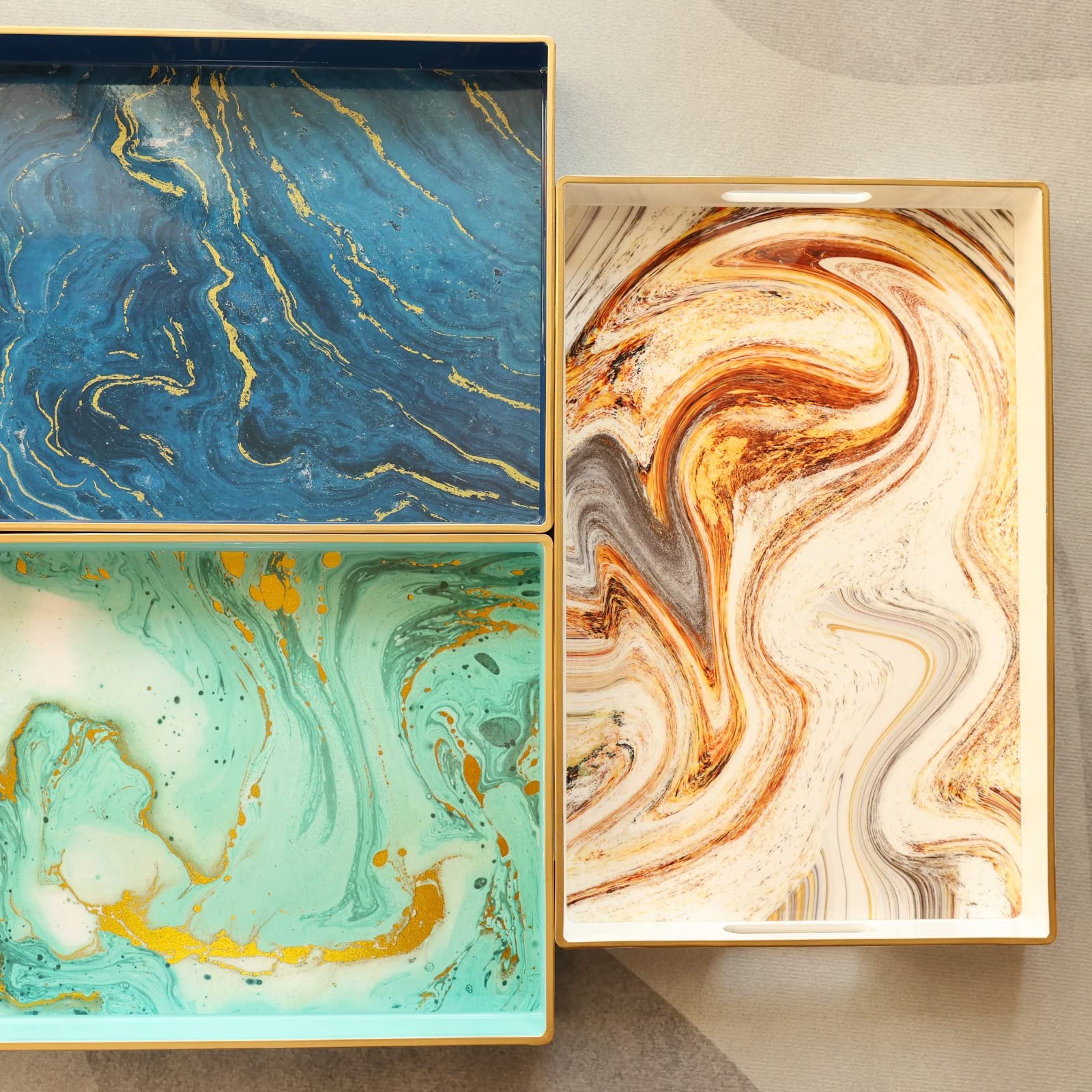 Leemxiiny Blue Marbling Decorative Tray with Handles, Morden Plastic Rectangular Serving Tray for Coffee Table, Bathroom, Ottoman, Home Decor, 15.7"* 10.2"* 1.38"