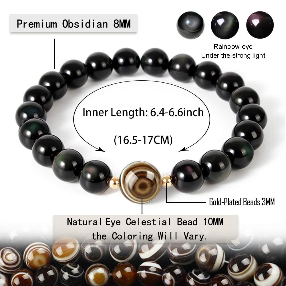 L&C Feng Shui Black Obsidian Beaded Bracelet - Women Mens 8MM Natural Obsidian Crystal Evil Eye Agate Relief Reiki Healing Stone Protection Link Bracelet Bring Luck Prosperity Wealth (Black Evil Eye)