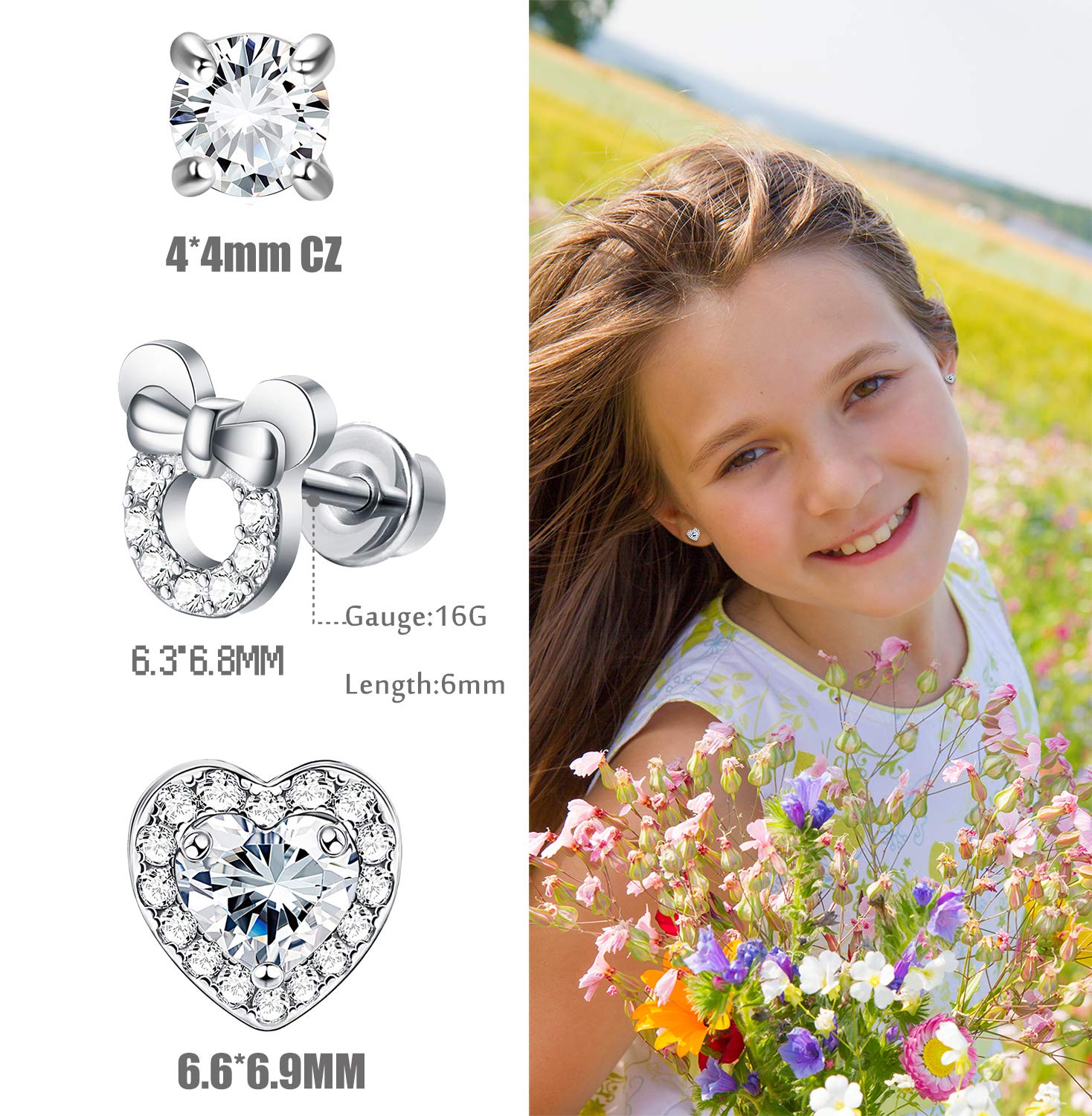 JOERICA 3 Pairs Hypoallergenic Screw Back Earrings for Women Surgical Steel Cute Heart Butterfly CZ Tiny Screwback Stud Earring