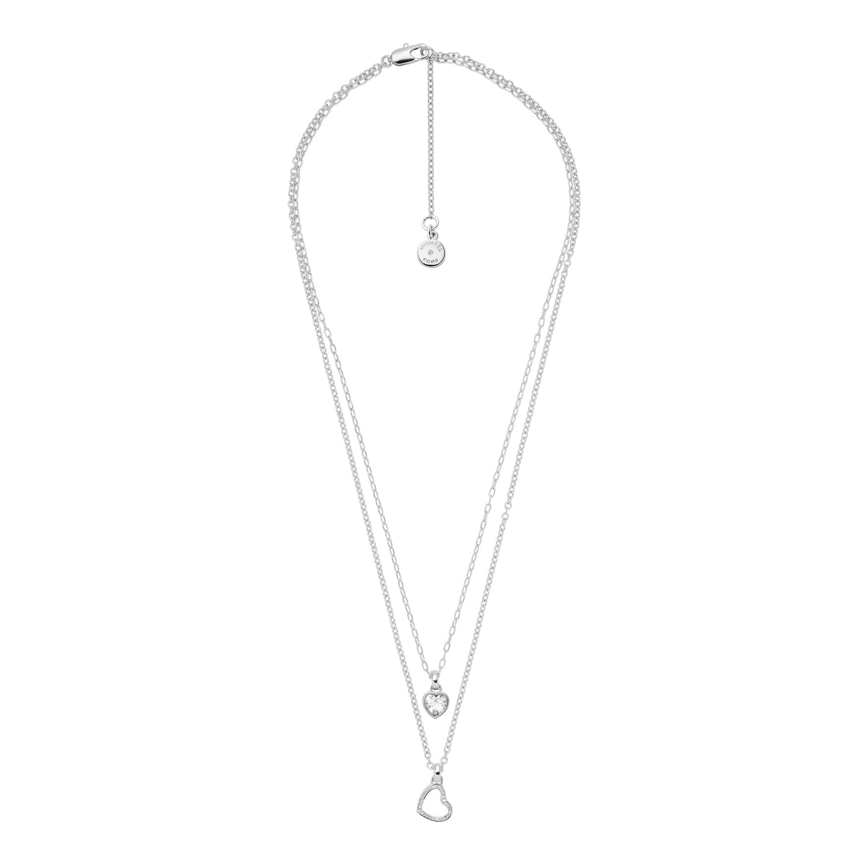 Michael Kors Brass and Cubic Zirconia Layered Heart Necklace for Women, Color: Silver (Model: MKJ7802040)