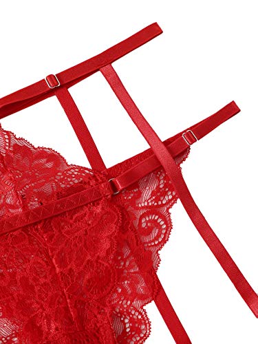 WDIRARA Women's 3 Pieces Mesh Floral Lace Scalloped Trim Garter Lingerie Set Red S